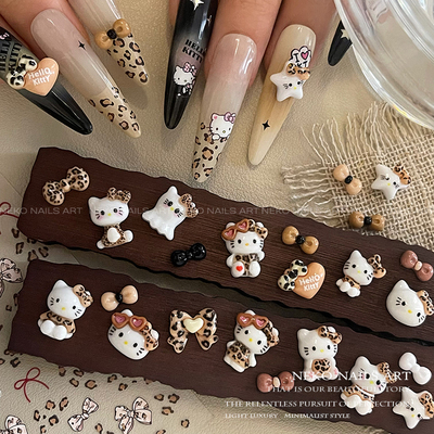 NEKONK豹纹Kitty蝴蝶结美甲饰品