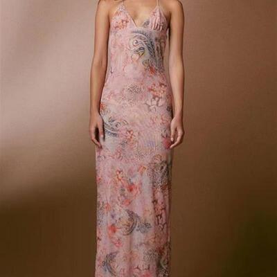Printed Vneck Sleeveless Slim Fit Dress 印花V领无袖连衣长裙
