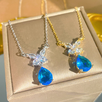 PURE新款蝴蝶天蓝色水滴吊坠项链女明媚海边度假风轻奢锁骨链精致