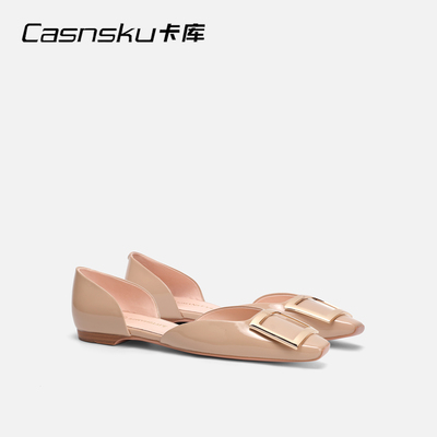 CASNSKU卡库 新款夏季浅口金属方扣裸色平底鞋女士中空名媛淑女风