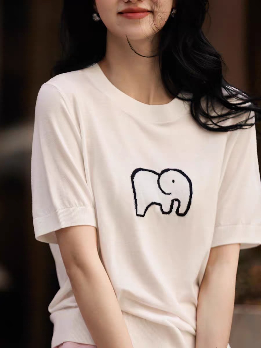 26夏春秋薄款圆领短袖针织衫上衣女毛衣刺绣小象背心半袖体恤