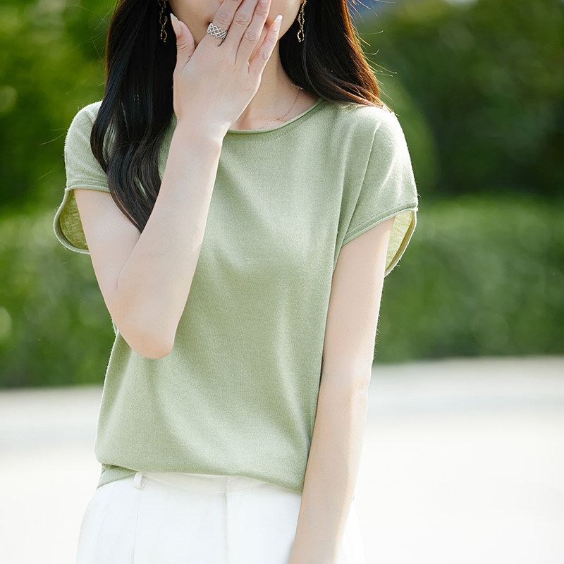 26夏春秋卷边针织衫女圆领短袖羊毛衫薄上衣打底衫飞袖T恤衫背心