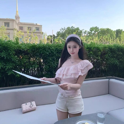 kubiliv嗲气女友重工斜肩拼接双层镂空荷叶领嗲气纯欲T恤上衣