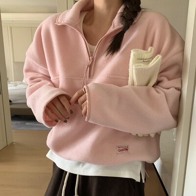 韩国半高领拉链摇粒绒卫衣绒衫女