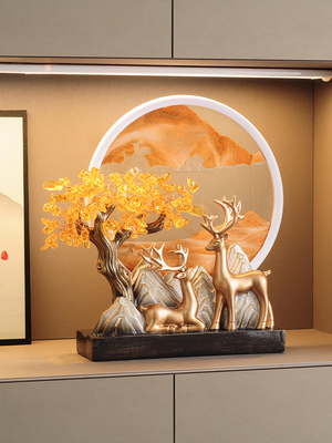 黄水晶发财树福鹿流沙画摆件客厅玄关装饰办公室乔迁开业礼物招财