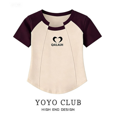 大码女装夏季撞色短款修身T恤潮