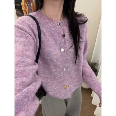 洋气紫色圆领毛衣外套女宽松2026秋冬韩版慵懒风减龄上衣针织开衫