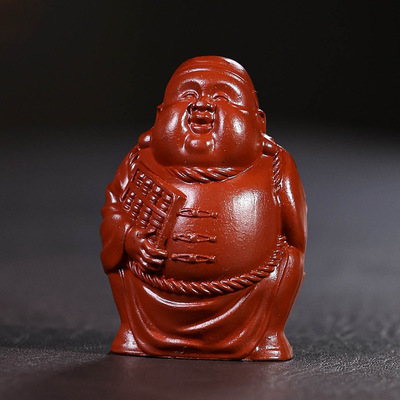 宜兴紫砂茶宠财神摆件大红袍手工人物算盘地主佛雕塑茶具桌台可养