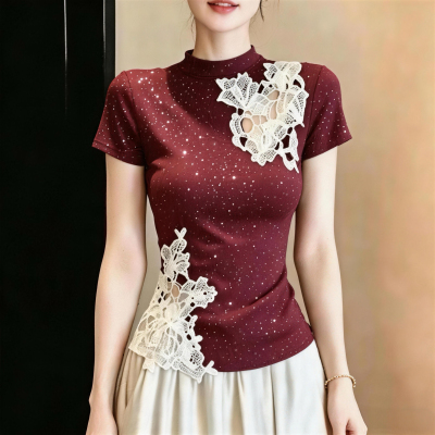 新中式满天星蕾丝拼接短袖上衣女夏季设计感修身显瘦镂空内搭上衣