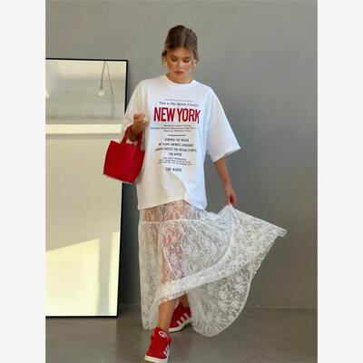 White lace long skirt 欧美白色蕾丝提花透视高腰大摆半身裙长裙