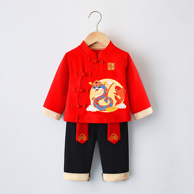 男宝宝春秋季抓周礼服红色冠衣服汉服唐装周岁套装新中式男童蛇年