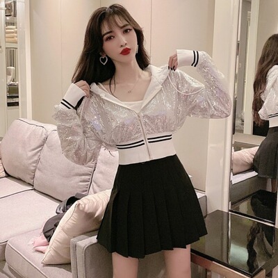 炸街ins短亮片连帽高腰卫衣