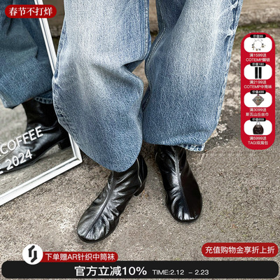 牛皮女拉链短靴低粗跟袜靴黑色