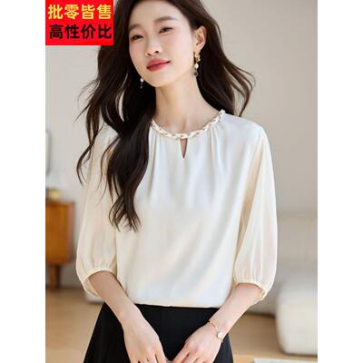 雪纺衬衫女式盖腹短袖0252新款夏季格中袖o衬衫经典修风身LoOVLk