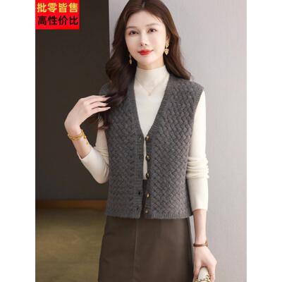 羊毛衫LEX马甲女春秋织开衫外心搭配裙子款短小个子V领毛衣针背坎