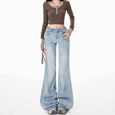 美式浅蓝色低腰微喇牛仔裤