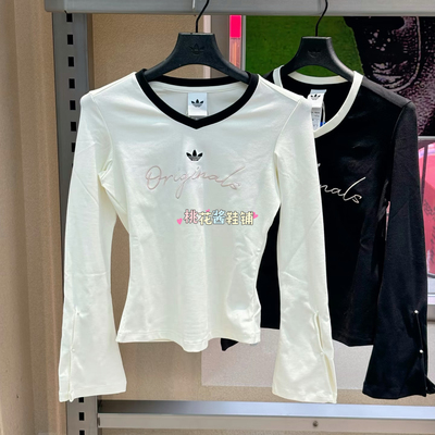 Adidas三叶草26年春女子黑白色休闲修身长袖印花T恤KS2381 KS2382
