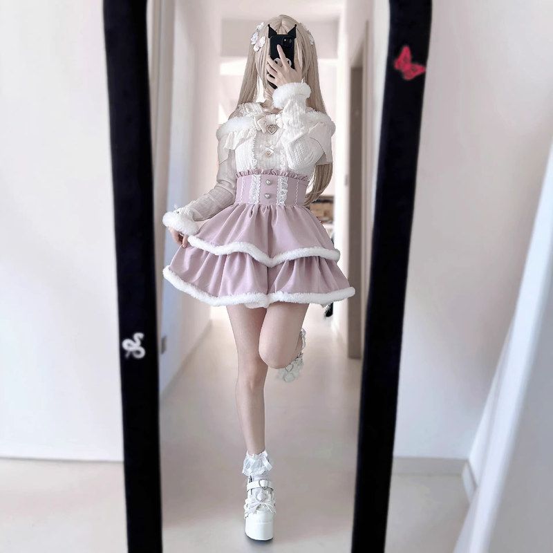 秋冬珍珠蕾丝蝴蝶结毛绒洛丽塔可爱萌lolita针织长袖半身裙套装