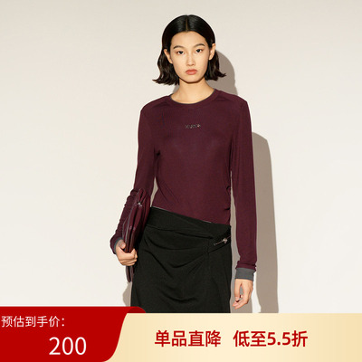 XG/雪歌26年春季新款酒红色圆领长袖针织衫女打底衫XL101007A115