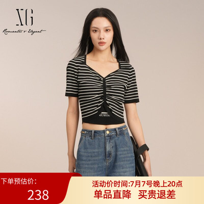 XG雪歌25夏款吸睛黑白条纹抽褶套头针织衫女短袖上衣XK211011B199