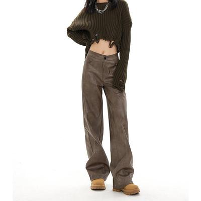 覆古PU皮裤女2024冬季新款美式机能风直筒宽松显瘦休闲 裤美拉德