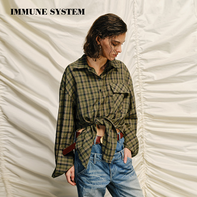immune system 绿格扭扭衬衫不对称弧形下摆宽松格纹衫上衣