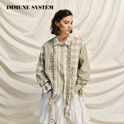 immune system 花边格纹 不规则捏褶花边蕾丝流苏宽松长袖衬衫
