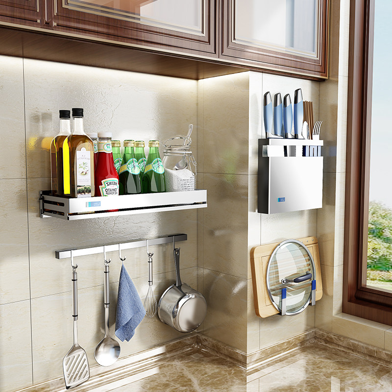 304不锈钢免打孔厨房置物架子碗碟刀筷调味料用品收纳挂架壁挂式_虎窝淘