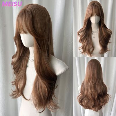 MEISU Brown Curly Wave Wigs Bangs 26 Inch  Fiber Synthetic H