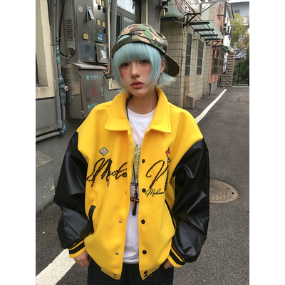 OPUP 美式复古黄色棒球服花朵刺绣重工外套男女同款珍珠皮袖夹克