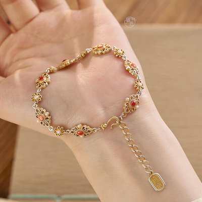 [锁清秋]新中式国风足银999.9描金珐琅彩花丝手链女小众轻奢手环