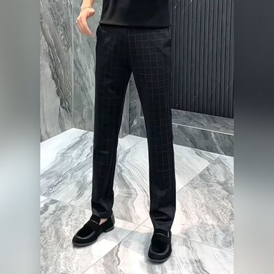 【现货】2165秋冬男士商务休闲小脚裤格子修身弹力百搭帅气免烫