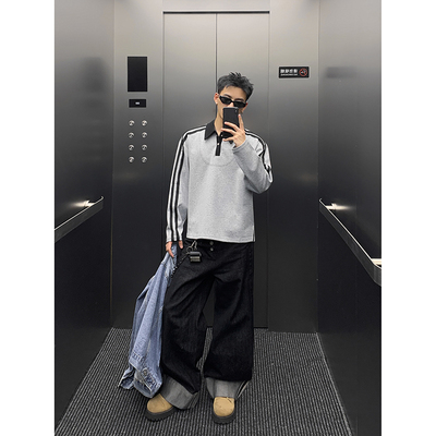 PLTH*美式复古学院风条纹撞色POLO领卫衣男女宽松休闲长袖上衣潮