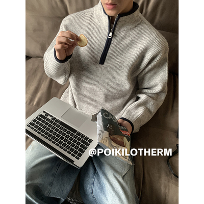 PLTH*美式简约半拉链拼接撞色毛衣男宽松休闲秋冬百搭针织衫上衣