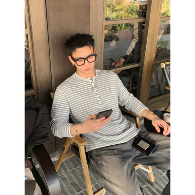 PLTH*美式复古亨利领条纹长袖T恤男宽松cityboy风撞色条纹上衣潮