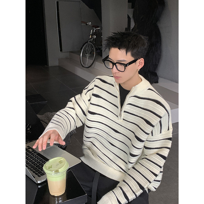 PLTH*秋冬韩系复古休闲经典条纹半拉链高领针织衫情侣保暖毛衣男