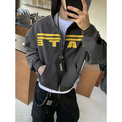 PLTH*美式潮牌撞色印花拉链开衫连帽卫衣男复古休闲宽松深灰外套