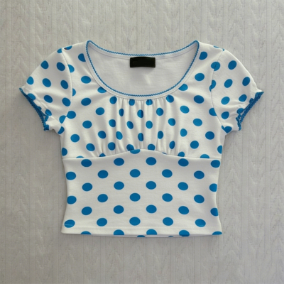 法式温柔蓝白波点短袖T恤女夏季修身千禧辣妹风显瘦百搭短款上衣