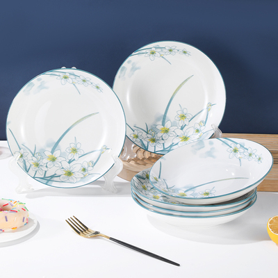 6只装8英寸水仙花家用陶瓷盘子炒菜盘深盘汤盘网红盘可进微波炉