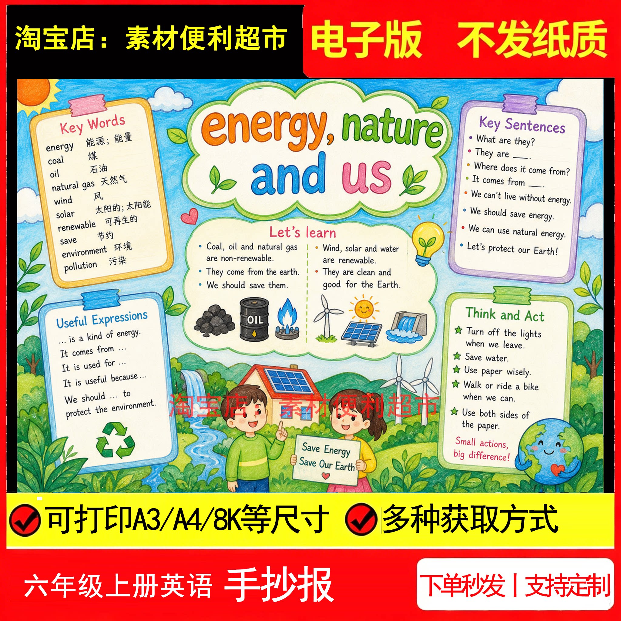 energy，nature and us手抄报电子新pep版六年级上册英语线稿报