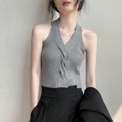 歌倍尚法式扭结针织修身背心女