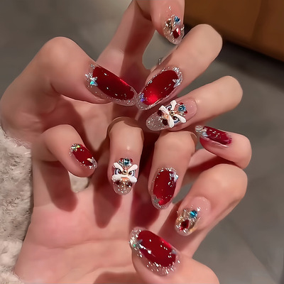 美甲穿戴甲中长款【万事大吉】重工狮子立体浮雕玻璃珠猫眼显白