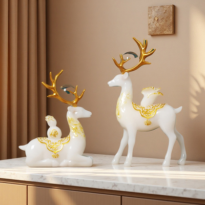 创意招财鹿仿玉摆件吉祥桌面装饰