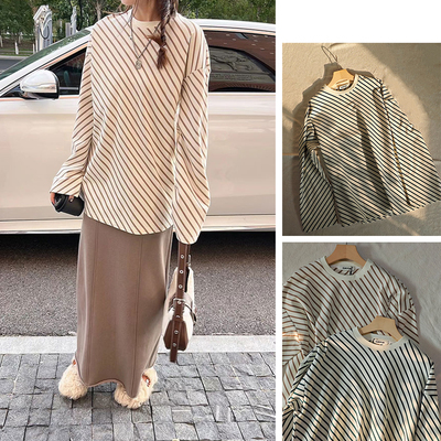 2025春季现货CAYLA极简系列撞色斜条纹高级感宽松圆领长袖T恤