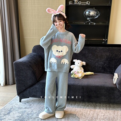 小熊珊瑚绒保暖家居服套装女