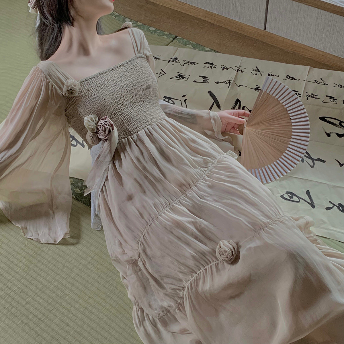 麓津自制《尘染之间》100桑蚕丝惊艳高级轻婚纱复古仙气连衣裙女