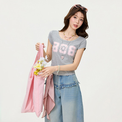 花灰圆领辣妹数字印花短袖T恤