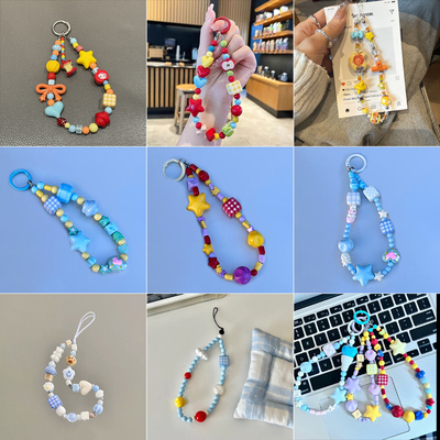 创意卡通手机链星星人吊坠短款串珠链条手机壳挂绳少女手腕挂饰件