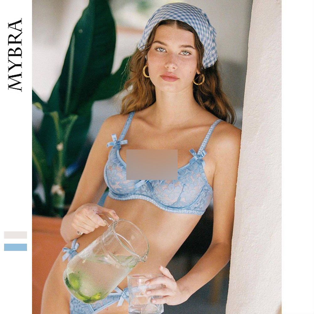 【MYBRA】性感美式浪漫甜美蓝色内衣女薄款蕾丝文胸套装有钢圈