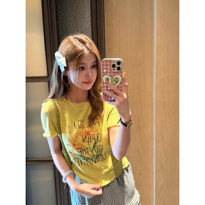 六瓣小黄花 春夏时尚百搭减龄字母印花短袖T恤女